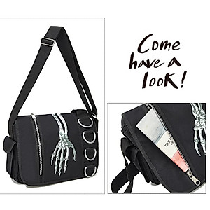 Goth Purse Grunge Skull Messenger Bag Y2K Backpack Gothic Punk Shoulder Satchels Harajuku School Handbag (Black)