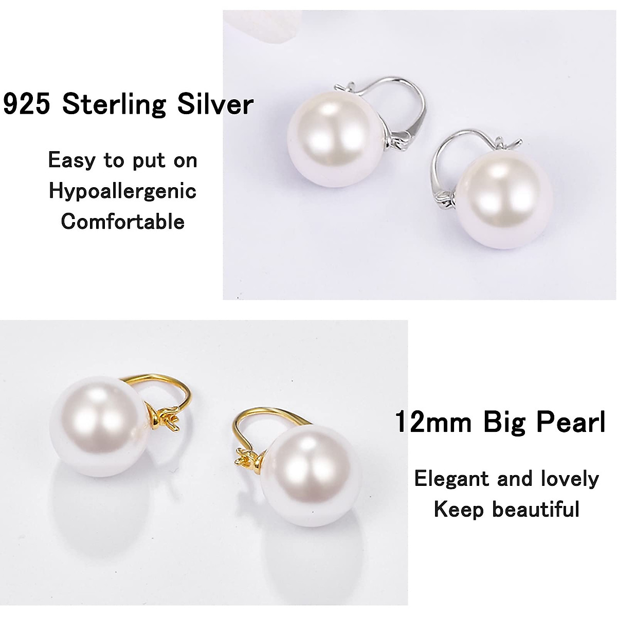 925 Sterling Silver Pearl Earrings for Women Dangle Pearl Drop Earrings Huggie Gifts for Mother Her (Silver)