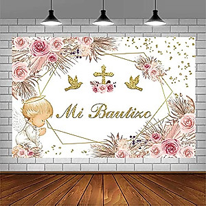 SENDY 7x5ft Mi Bautizo Backdrop Boho Baptism God Bless First Holy Communion Party Decorations for Girl Angel Pink Floral Gold Cross Glitter Background Christening Newborn Baby Shower Photo Booth Props