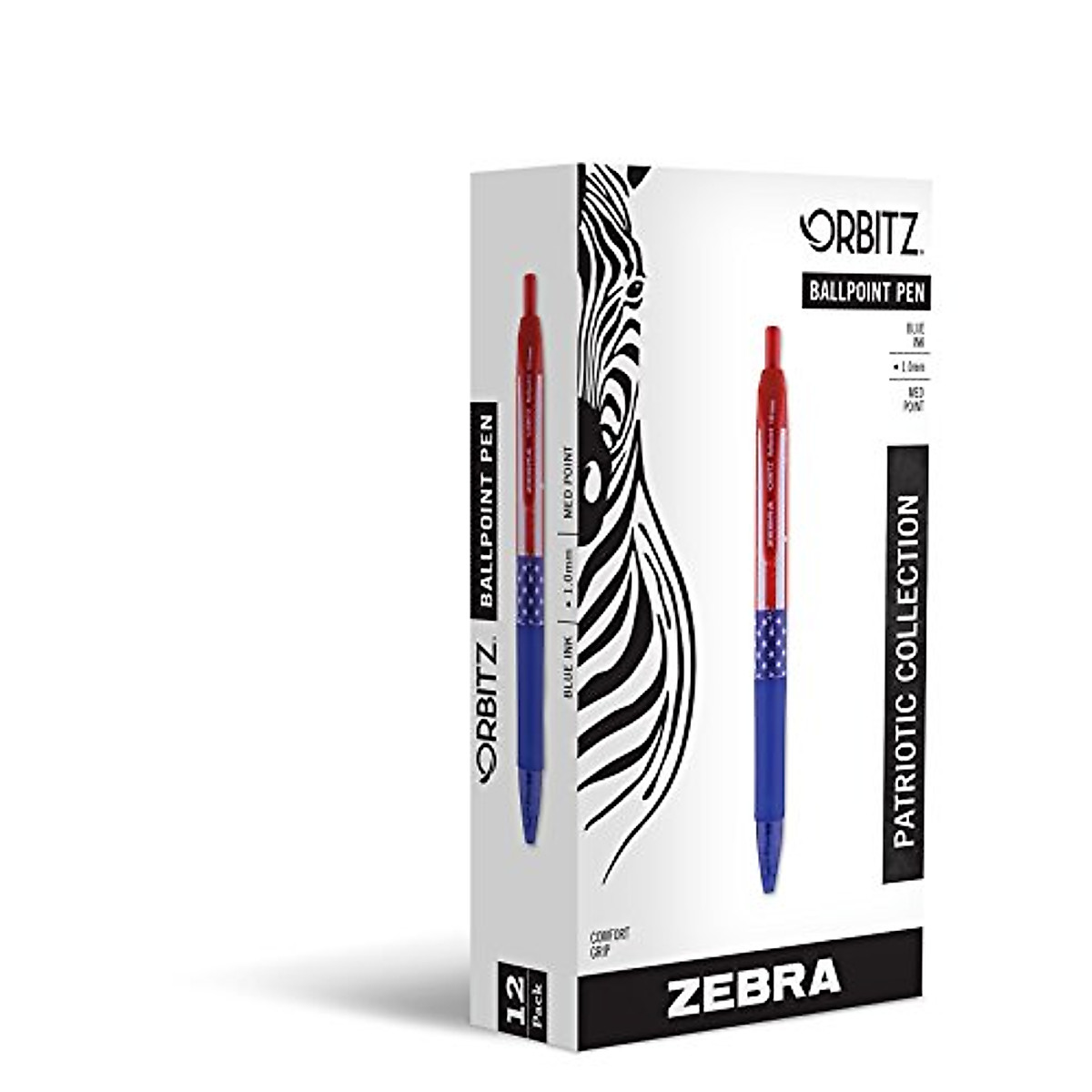 Zebra Orbitz Retractable Ballpoint Pen, Medium Point, 1.0mm, Blue Ink, American Flag Print, 12-Count