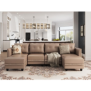 LLappuil Modular Sectional Sofa, Convertible U Shaped Couch with Storage, Faux Leather Fabric Waterproof Sectional Couch for Living Room, 111.8" Width, 6 Seat Modular Sofa, Cognac Brown