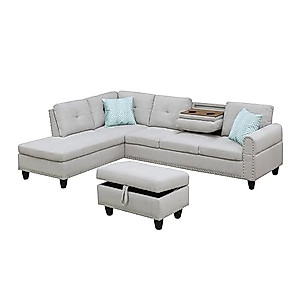 FANYE L-Shaped Sectional Sofa with Right Chaise & Nailhead Decor,Modern Faux Leather Tufted Upholstered Corner Sofa&Couch W/Cup Holders and Storage Ottoman for Home Apartment Office Living Room