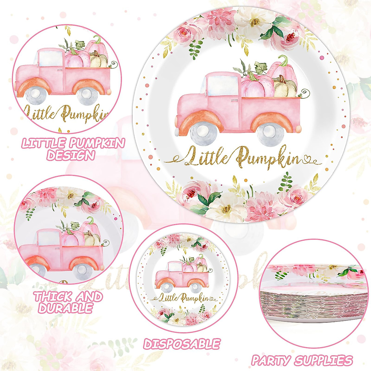 Thankgiving Pink Little Pumpkin Paper Plates Napkins Pink Pumpkin Baby Shower Birthday decorations Girl Tableware A Little Pumpkin is On Her Way Disposable Plates Party Supplies 24 Guest