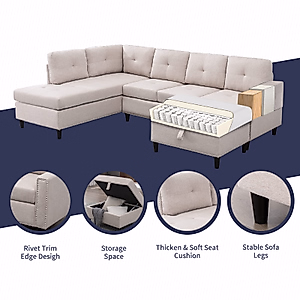 ZAFLY 101" Sectional Couch, L Shaped Sofa with Storage, Convertible Sofá 4-Seat with Reversible Chaise, Living Room Fabric Sofa Sets with Cup Holders -Beige