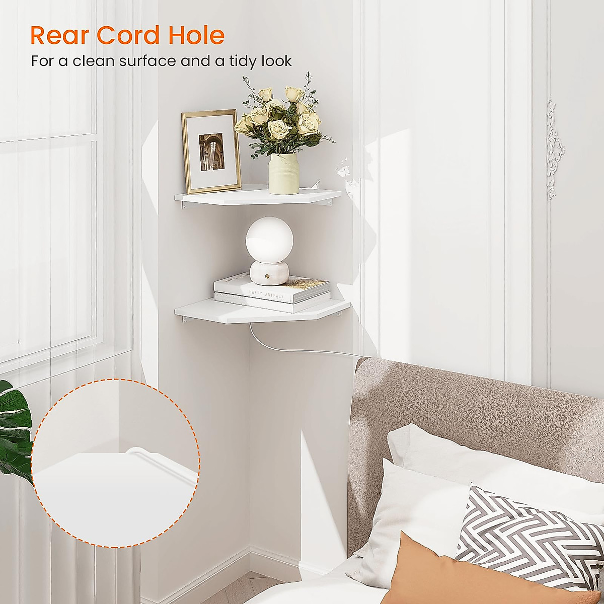 Homode Corner Shelf Wall Mount, Set of 2 Corner Floating Shelves with Cord Hole for Speaker, Cable Box, 2 Tier Wood Hanging Storage Shelf for Bathroom Living Room Bedroom, White