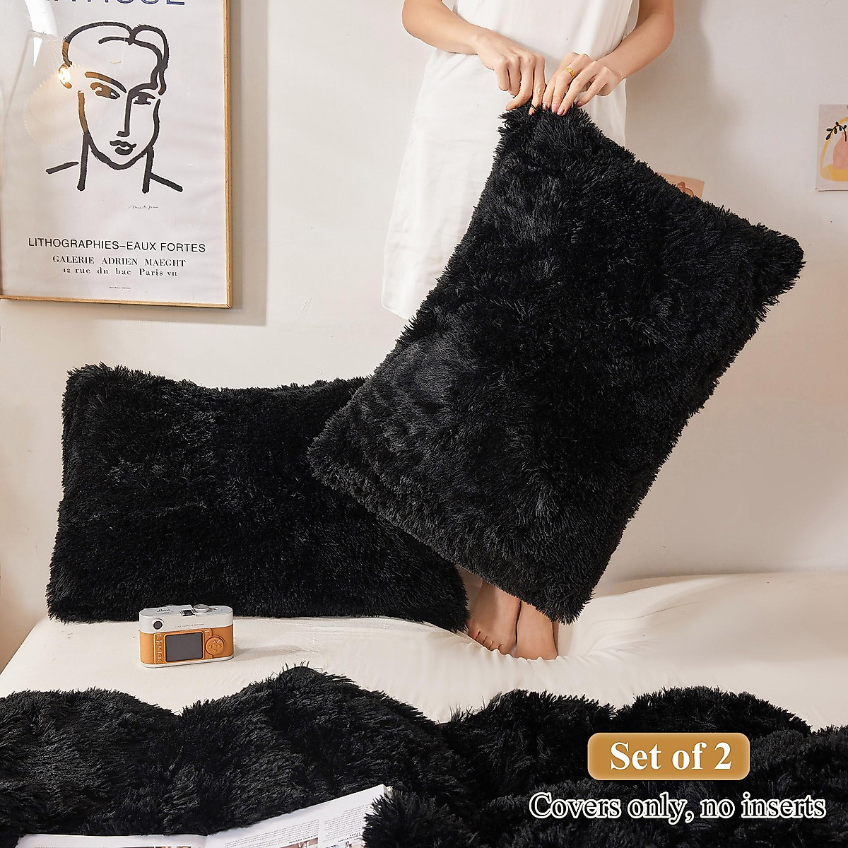 XeGe Faux Fur Throw Pillow Cases Plush Shaggy Ultra Soft Pillow Cover Fluffy Crystal Velvet Decorative Pillowcases Zipper Closure,Set of 2 (Standard, Black)