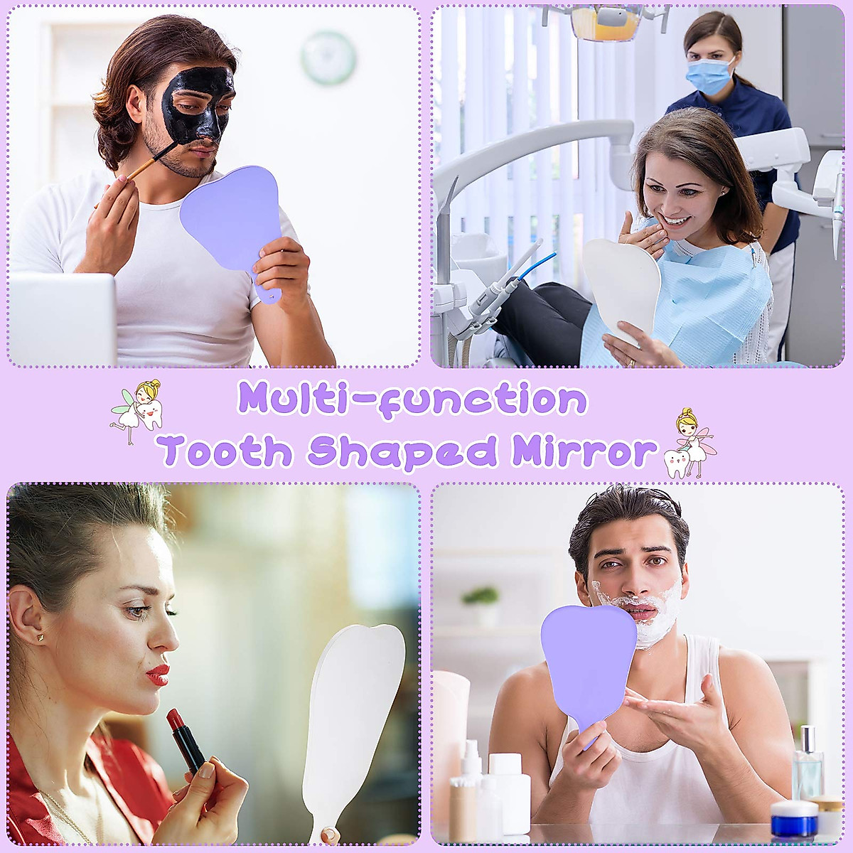 Jetec 2 Pieces Tooth Shaped Handheld Mirror Cute Makeup Mirror Hand Held Plastic Dental Mirrors with Handle Cosmetic Hand Mirror Back to School for Women Men Gifts(White, Purple)