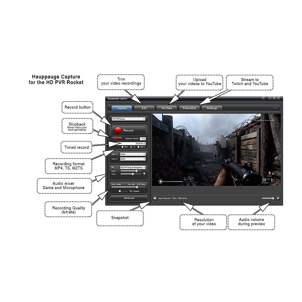 Hauppauge HD PVR Rocket Portable Stand Alone HD 1080p Video Game Recorder for Xbox One, Xbox 360, PS4, PS3 and PC Gaming Systems (1540)