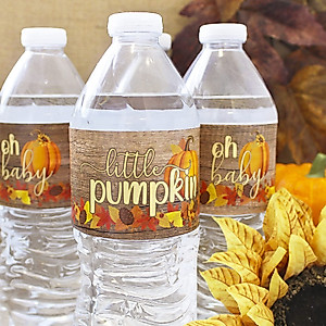 Rustic Fall Little Pumpkin Baby Shower Water Bottle Labels - Autumn Unisex Themed Waterproof Bottle Wrappers - 24 Count