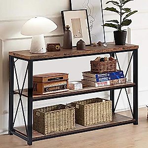 NSdirect Rustic Console Table, Farmhouse Sofa Table&TV Stand,Industrial 3-Tier Long Hallway/Entryway/Entrance Table with Storage Open Bookshelf for Living Room Bedroom Foyer,Brown Oak