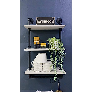 ROGMARS Industrial Pipe Shelving Bathroom Pipe Shelves with Towel Bar,3 Tier 24 inch Retro White Rustic Farmhouse Pipe Industrial Wall Shelves Bathroom Shelves Over Toilet for Storage