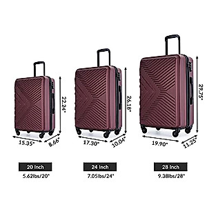 Tripcomp Luggage Sets Wear-Resistance Hardside Lightweight Suitcase Double Spinner Wheels, TSA Lock,Two Hooks, Scratch-resistant Carry-on,3 Piece Set(20inch 24inch 28inch) (Claret-red)