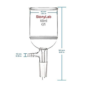 StonyLab Borosilicate Glass Buchner Filtering Funnel with Coarse Frit(G1), 46mm Inner-Diameter, 60mm Depth, with 24/40 Standard Taper Inner Joint and Vacuum Serrated Tubulation (60ml)