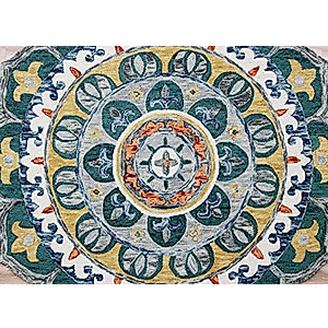 LR Home 4ft Round Indoor Natural Wool Area Rug for Home Decor | Carpet for Bedroom, Living Room, entryway, playroom | Hand Tufted Modern Farmhouse Boho Area Rug for Room Decor | Multi/Teal/Yellow