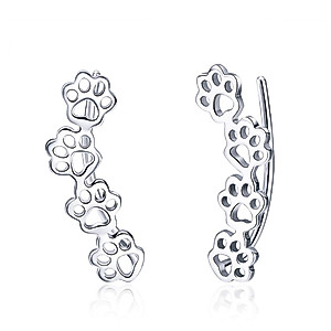 Paw Ear Cuff Wrap Crawler Climber Earrings for Women Teen Girls Sterling Silver Studs Clip On Cute Dog Cat Pin Hypoallergenic Piercing Jewelry (Silver)