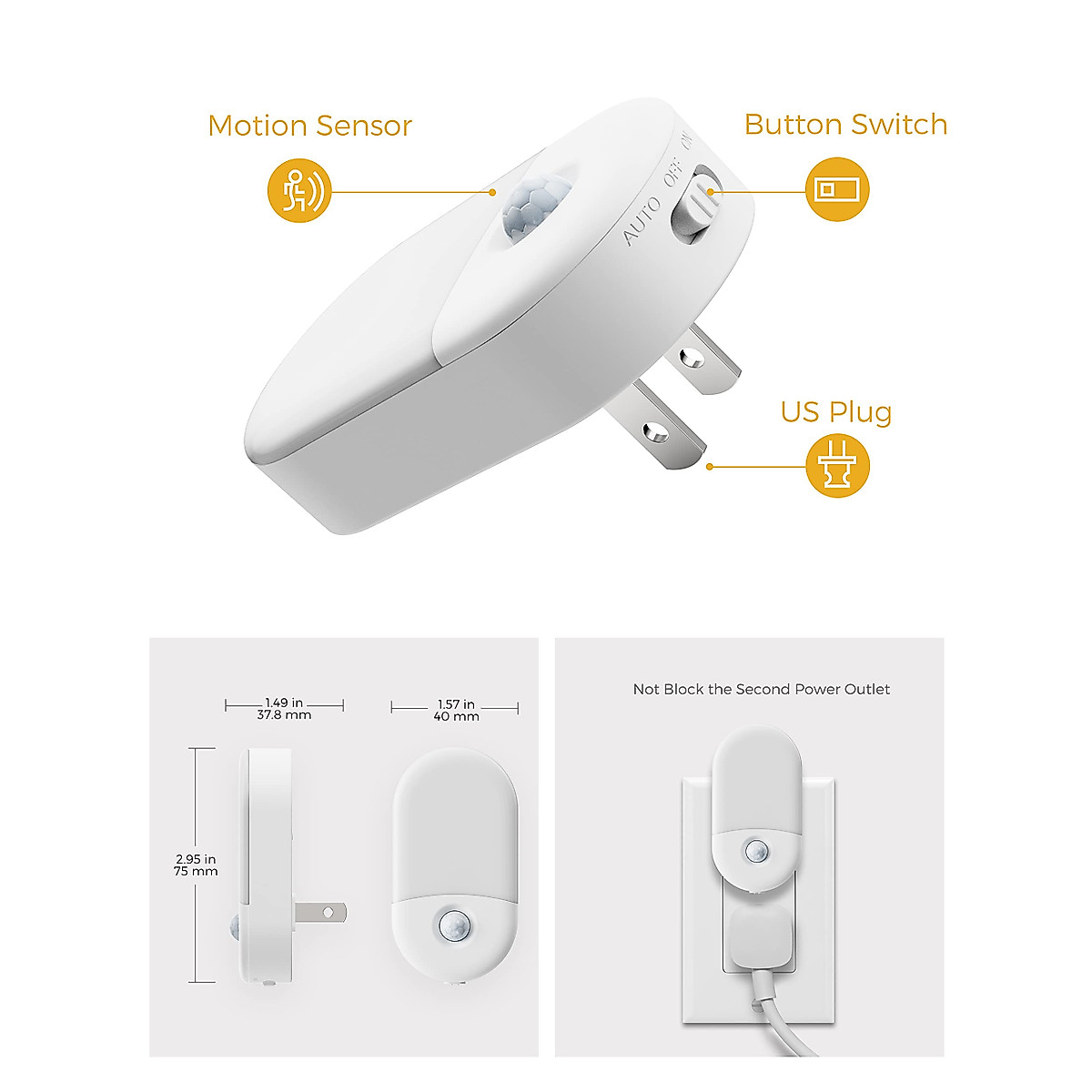 Motion Sensor Night Light Plug in, 2 Pack LOHAS Motion Activated Night Light Warm White 3000K, Dusk to Dawn Sensor, Adjustable Brightness, Plug Into Wall Night Light for Kids, Bathroom, Bedroom Light