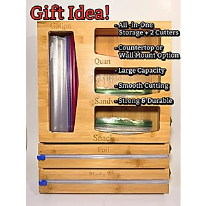 Simplify On the Go Countertop or Wall Mount Kitchen Bamboo 2 in 1 Foil and Sandwich Bag Organizer with 2 Cutters for Aluminum Foil and Plastic Wrap