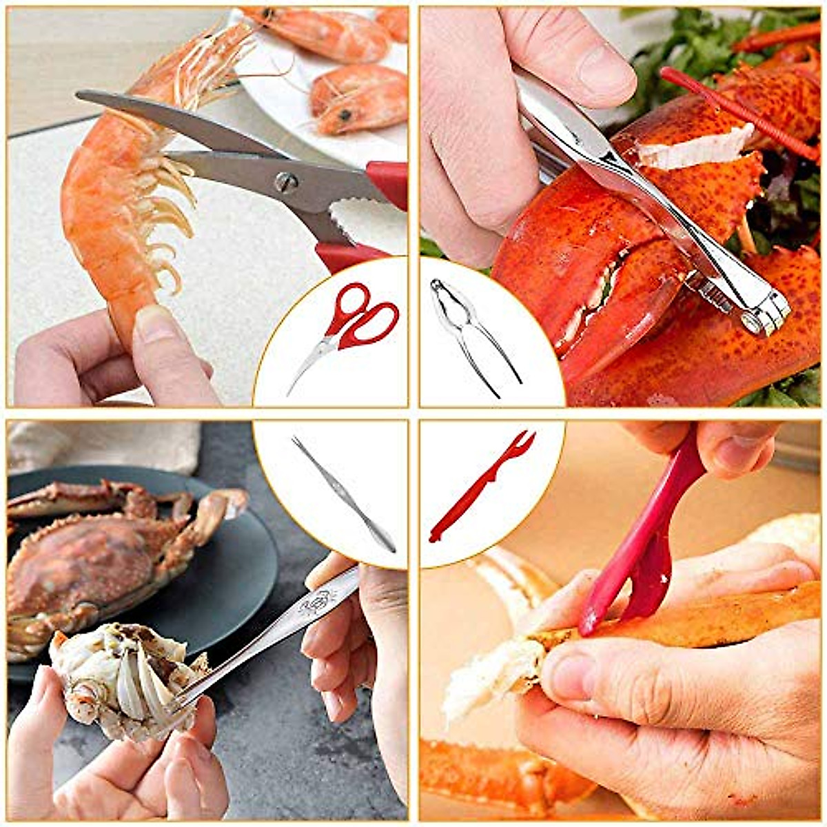 18 Pcs Seafood Tools Set including 8 Forks 4 Lobster Crackers Nut Cracker and 4 Lobster Crab Mallets 2 Seafood Scissors
