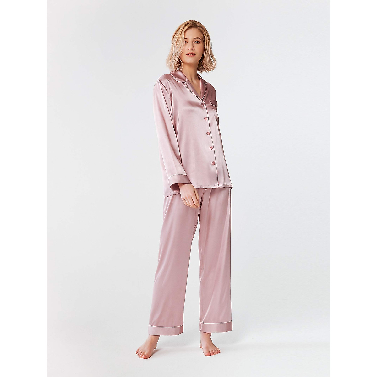 SIORO Womens Silk Pajamas Soft Long Satin Sleepwear Ladies Pajama Sets Button Down Loungewear Pyjamas Suit, Dusty Rose, Large