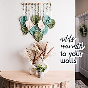 SnugLife Macrame Wall Hanging Leaves - Large Chic Feather Wall Hanging Boho Wall Decor, Handmade Yarn Woven Wall Art Leaf Tapestry for Nursery, Bedroom, Living Room, 17 X 22 Inch (Green, Sage Green & Beige)