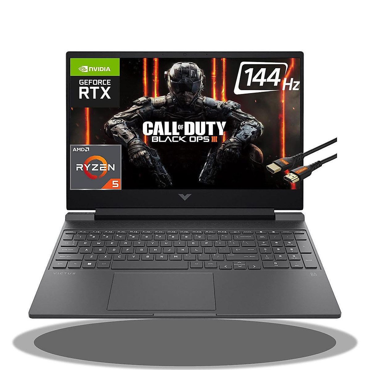 HP Victus 15 Gaming Laptop 15.6" FHD IPS 144Hz AMD 7000 Ryzen 5 7535HS (Beats i7-11800H) GeForce RTX 2050 4GB Graphic Backlit USB-C B&O Win11 Black + HDMI Cable (32GB RAM | 1TB SSD)