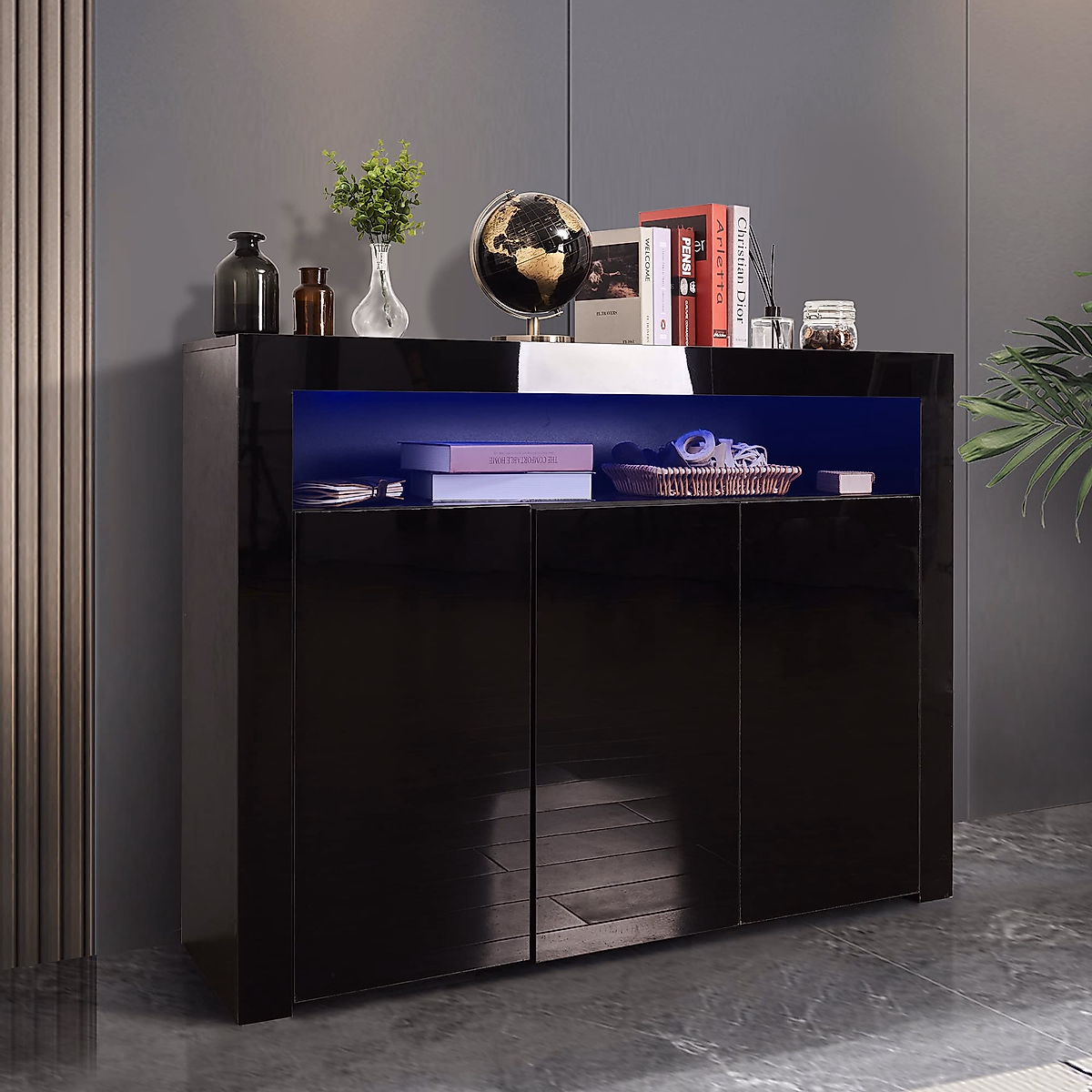SZUBEE Modern Black High Gloss Sideboard Storage Cabinet with LED Light-Versatile Kitchen and Dining Room Buffet Cupboard with 3 Doors and TV Stand Function