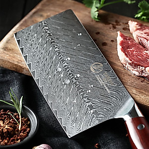YARENH Chinese Cleaver Knife, 7 inch Professional Kitchen Knife, Damascus Steel Blade, 67 Layers, African Sandalwood Handle, Suitable for Cutting Vegetables and Meat, Gift Box Packaging