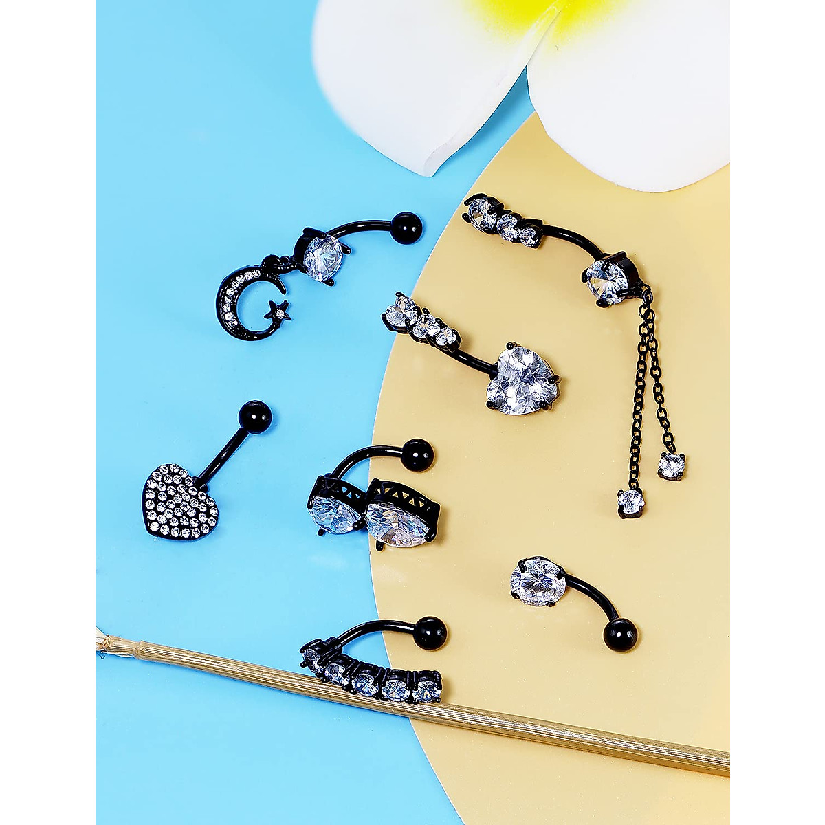 Vsnnsns 14G Belly Button Rings Belly Rings for Women Stainless Steel Belly Piercing Jewelry Surgical Steel Dangle Belly Button Rings Curved Navel Ring Barbell Heart CZ Body Jewelry Piercing Black