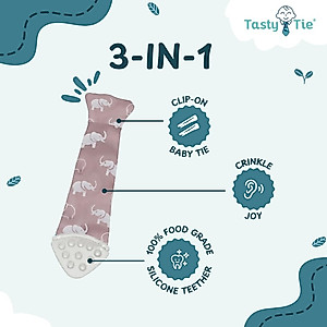 Tasty Tie Teething Tie, 3-in-1 Clip-on Baby Tie, Crinkle Toy & Silicone Teether for 3-6-9-12-18 Month Babies, Unique Baby Boy Gift or Stocking Stuffer, Elephant Style