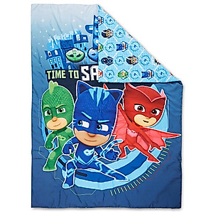 PJ Masks Time to Save The Day 4 Piece Toddler Bedding Set – Includes Comforter, Sheet Set – Fitted and Top + Reversible Pillow for Boys Bed, Blue