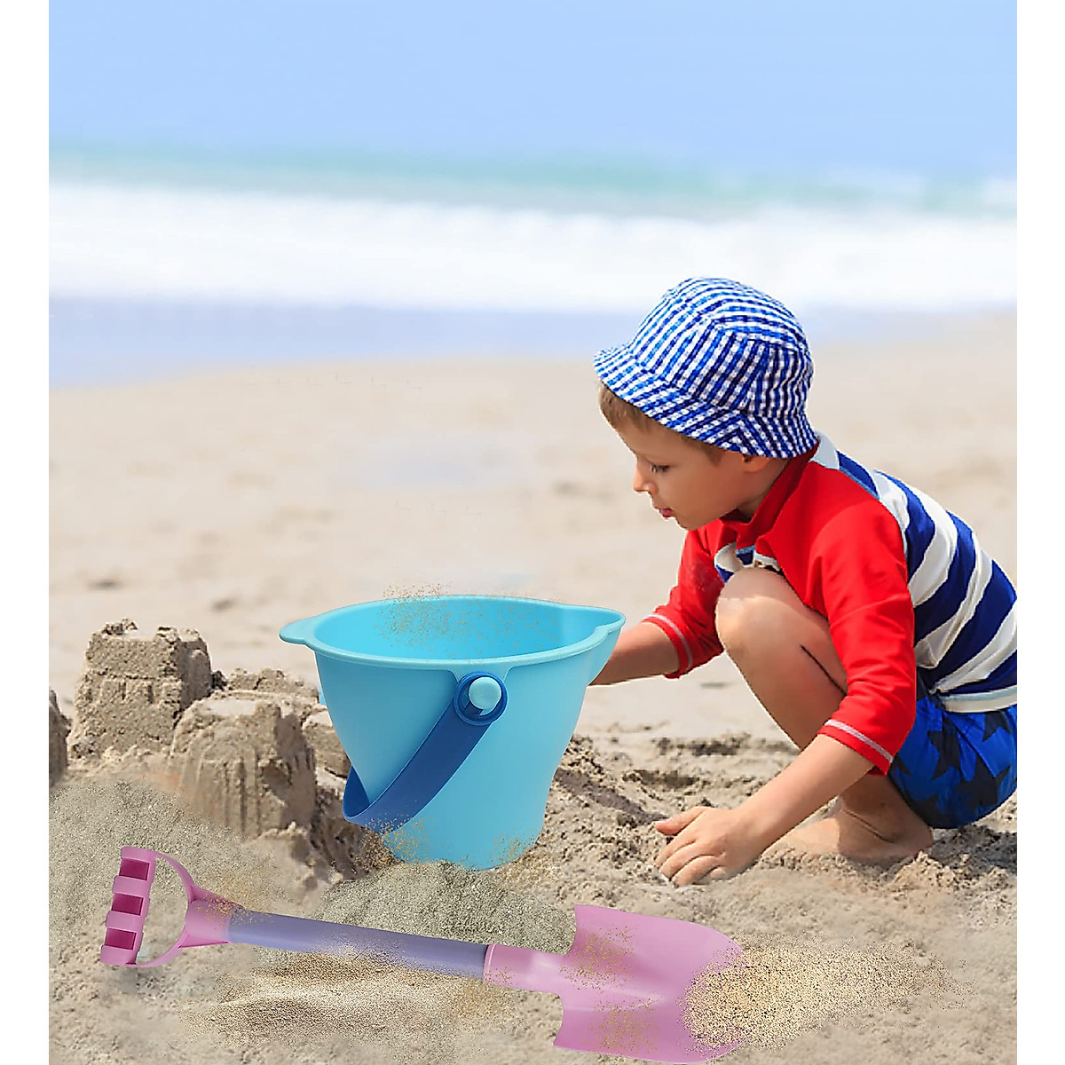 IOKUKI Long Shovels Sand Toys Set with Mesh Bag Including Dump Truck, Beach Buckets, Shovels, Rakes, Molds, Outdoor Beach Toys Tool Kit for Kids, Toddlers, Boys and Girls (15 PCS) Age 3+