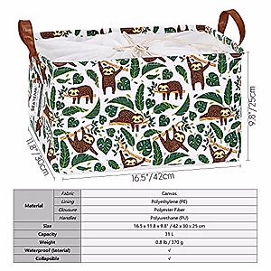 Sea Team Collapsible Canvas Fabric Storage Basket with Handles, Rectangle Nursery Storage Bin, Box, Cube, Foldable Shelf Basket, Closet Organizer, Waterproof, 16.5 x 11.8 x 9.8 Inches, Sloth