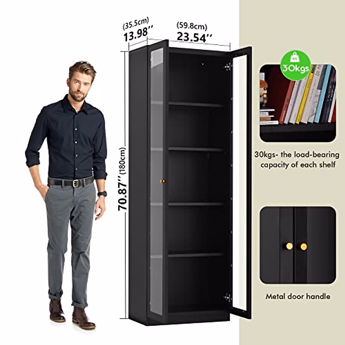 MAGICUBE Bookcase Metal with Plexi-Glass Doors and 4 Adjustable Shelves, 5-Tier Bookshelf Organizer, Tall Multipurpose Storage Cabinet, Home Decor Furniture for Study, Office, Living Room(Black)