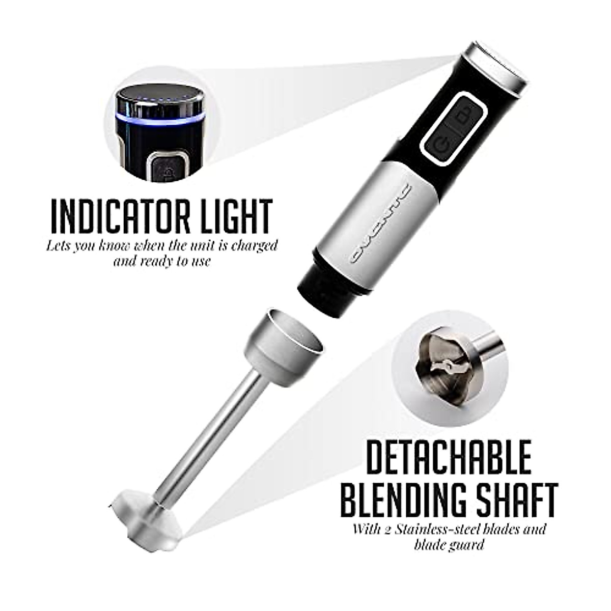 OVENTE Electric Cordless Immersion Hand Blender 200 Watt 8-Mixing Speed with Stainless Steel Blades, Heavy-Duty Portable & Rechargeable Perfect for Smoothies, Puree Baby Food & Soup, Black HR981B