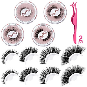 Reusable Self Adhesive Eyelashes lashes No Glue or Eyeliner Needed Easy to Put On, Stable Non Slip Waterproof False Lashes with 2 Eyelash Tweezers for Women Makeup Gift, 4 Pairs (Regular Style)