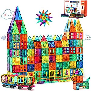 Magnetic Tiles Building Blocks, Magnet Toys for Kids, STEM Approved Educational Toys,3D Magnet Puzzles Stacking Blocks for Boys Girls,100 PCS Advanced Set with 2 Cars…