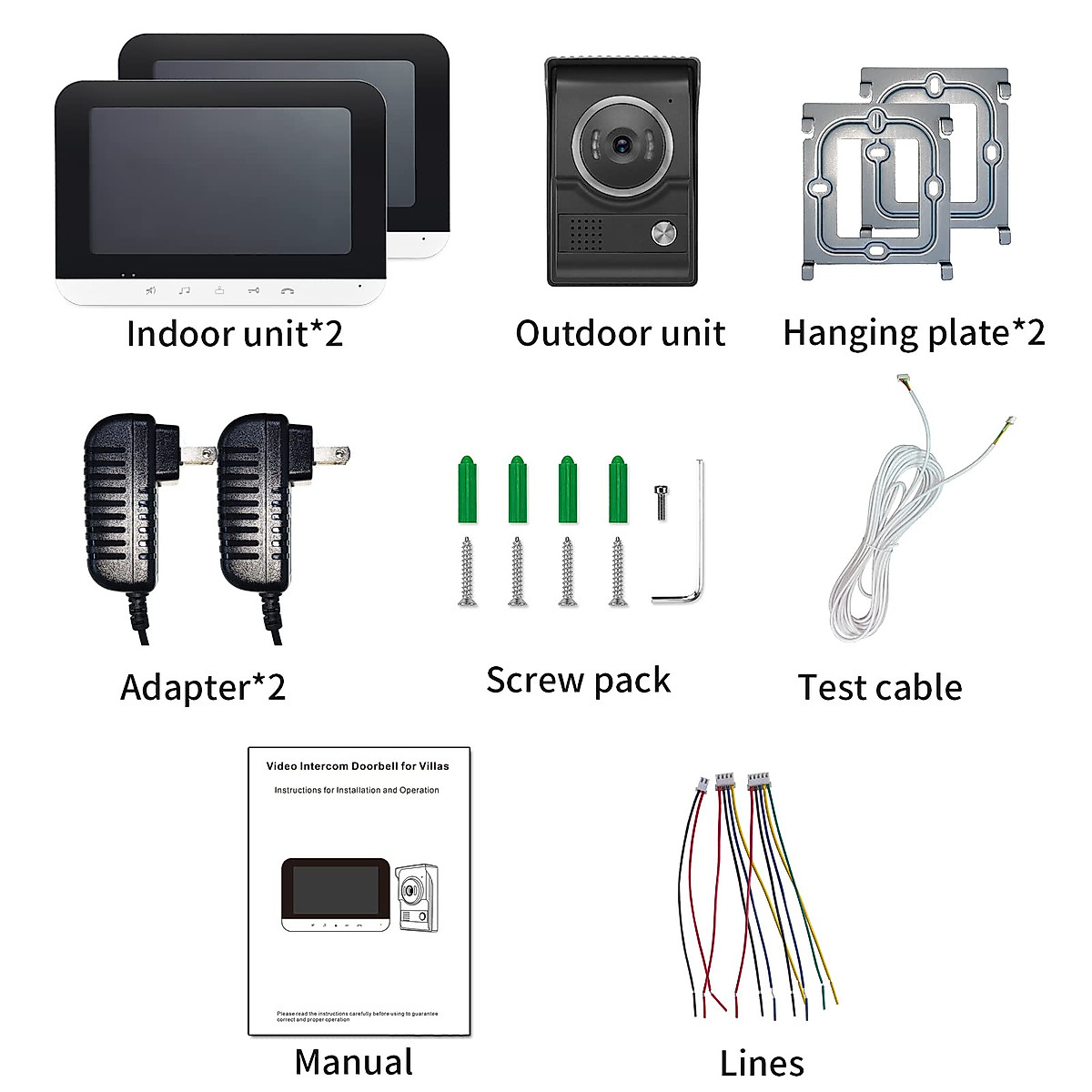 Video Intercom System, 7 Inch doorbell with Camera and Monitor, Video doorbell with IR-Cut Rainproof Outdoor Camera Visual Two-Way Intercom Audio Remote Unlock(1 Camera & 2 Monitors)
