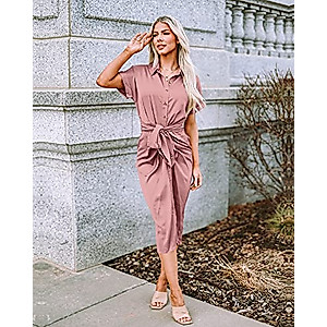 BTFBM Women 2023 Button Down Ruched Shirt Dresses Short Sleeve Lapel V Neck Elegant Party Spring Summer Maxi Satin Dress(Short Sleeve Pink, Small)