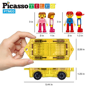 PicassoTiles Mini Magnetic Tiles Expansion Car Truck and Figures Play Set, Kids Building Magnet Bricks STEM & Learning Toys, Magnetic Add-ons, Car Toys, Toddler Preschool 3 years and up boys and girls