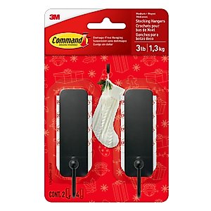 Command Medium Matte Black Stocking Hangers, 2 Hooks and 4 Command Strips, Damage Free Hanging Wall Hooks with Adhesive Strips, Coat Hooks for Hanging Christmas Decorations, Holds up to 3 lb