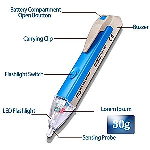 Non-Contact Voltage Tester with LED Flashlight, Buzzer Alarm, AC Voltage Detector Pen,Test Range 60V - 1000V & Live/Null Wire Judgment
