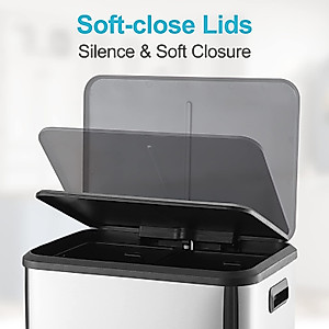 30 Liter / 8 Gallon Rectangular Hands-Free Dual Compartment Recycling Kitchen Step Trash Can with Soft-Close Lid, for Bathroom Bedroom Home Office, 2 x 4 Gal, Silver