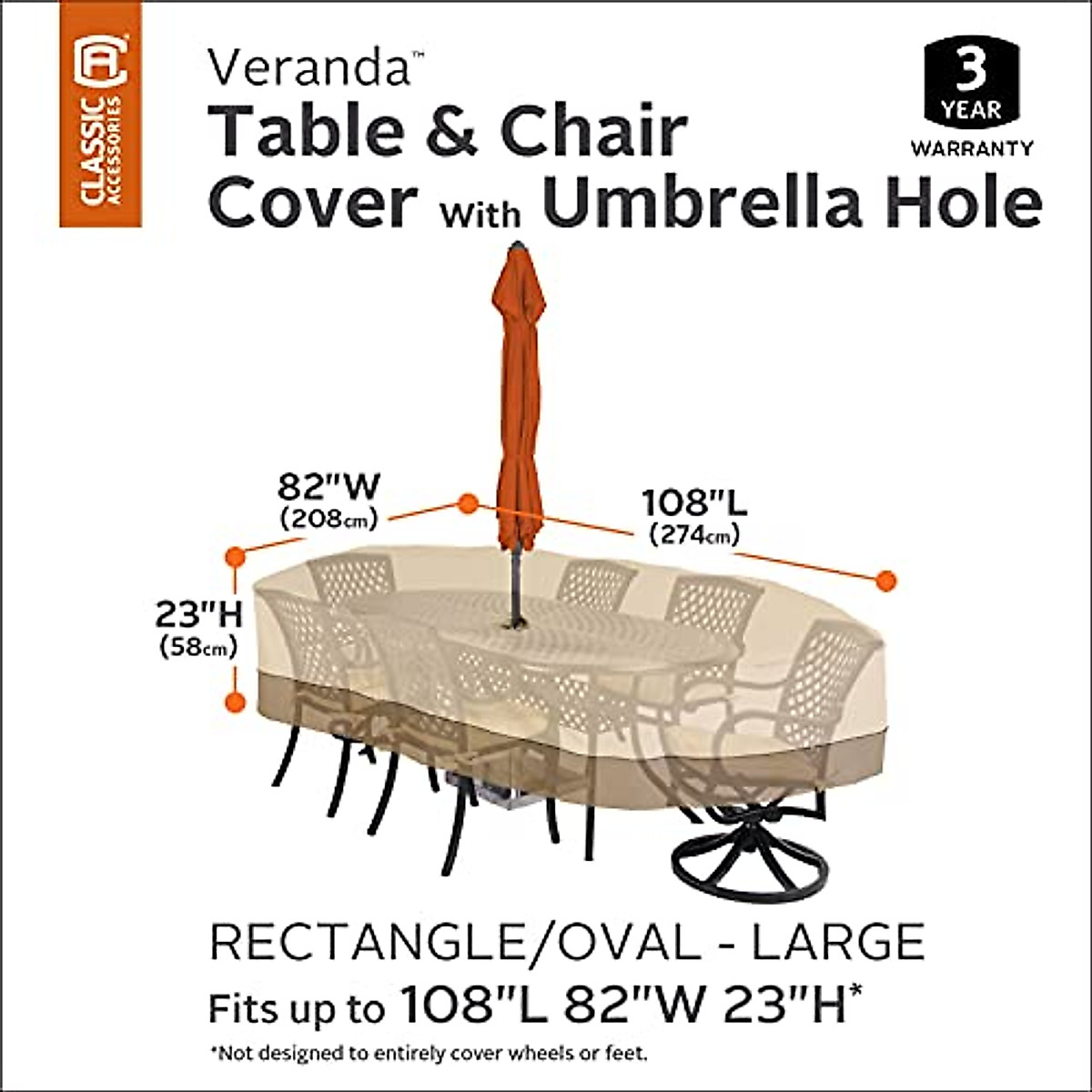 Classic Accessories Veranda Patio Table Cover with Umbrella Hole Pebble/Large/Rectangular/Oval, Outdoor Table Cover
