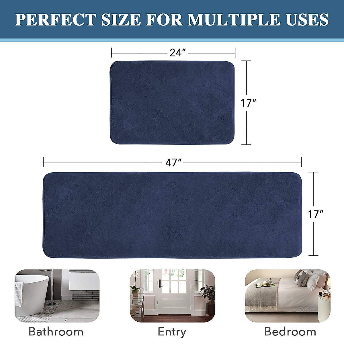 H.VERSAILTEX Kitchen Mat 2 PCS Kitchen Rugs Non Slip Memory Foam Flannel Velvety Kitchen Runner Rug Water Absorbent Soft Kitchen Rug Set for Floor Rug Standing Rugs(47" x 17" + 24" x 17", Navy)