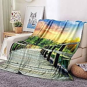 NARBOR Soft Fleece Throw Blanket - Fluffy Microfiber Solid Blankets for Bed and Couch Double/Single Size - 59X79Inch Wooden Bridge Lake View Printed Flannel Blanket for Bed, Couch and Sofa