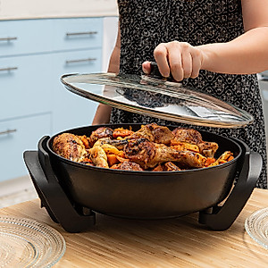 Moss & Stone Round Nonstick Electric Skillet With Lid, Aluminum 12 Inch Electric Frying Pan, 2 Layers Of Non-Stick Coating, Adjustable Temperature Control, Lid With Steam Vent, Electric Deep Skillet