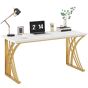 Tribesigns 55’’ Large Modern Computer Desk, White & Gold Luxury Laptop PC Student Table, Makeup Vanity Table with Thick Frame & Strong Legs, Sturdy Writing Workstation for Home & Office