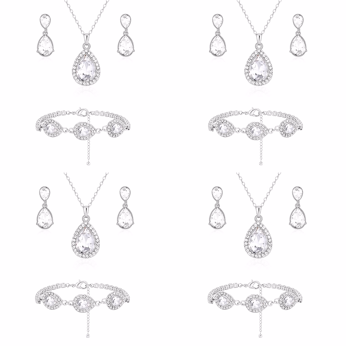 OTTFF Teardrop Jewelry Set for Bridal Bridesmaid,4 Sets Silver Plated Necklace Earrings Bracelet Set For Wedding Gift