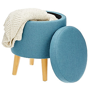 mDesign Round Storage Ottoman Foot Rest Chair - Small Stool Furniture Organizer and Seat with Wood Legs for Dorm, Living Room, Office, Closet, Vanity, Bedroom, or Desk - Teal Blue