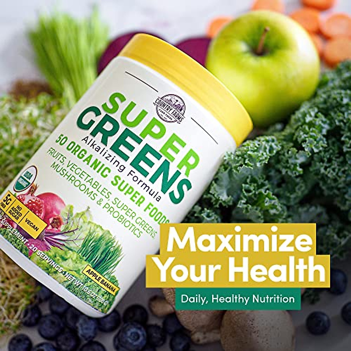 COUNTRY FARMS Super Greens Banana Flavor, 50 Organic Foods, USDA Organic Drink Mix, 20 Servings, Apple, 10.6 Oz